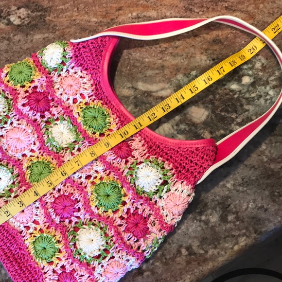 Bags | Pink Floral Crochet Straw Bag | Poshmark